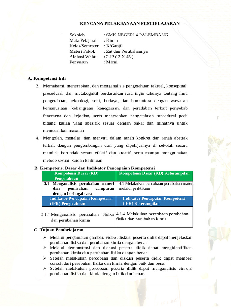 RPP Kimia Kelas X | PDF