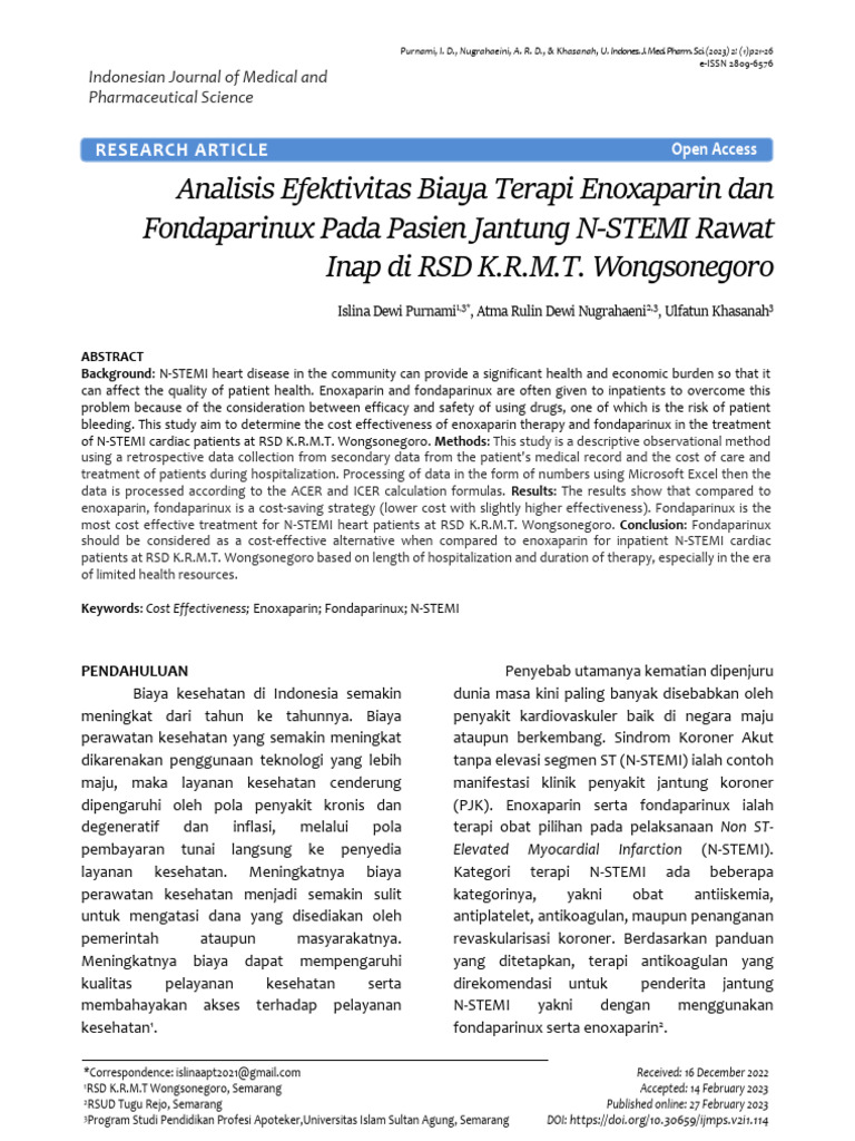 Analisis Efektivitas Biaya Terapi Enoxaparin Dan Fondaparinux Pada ...