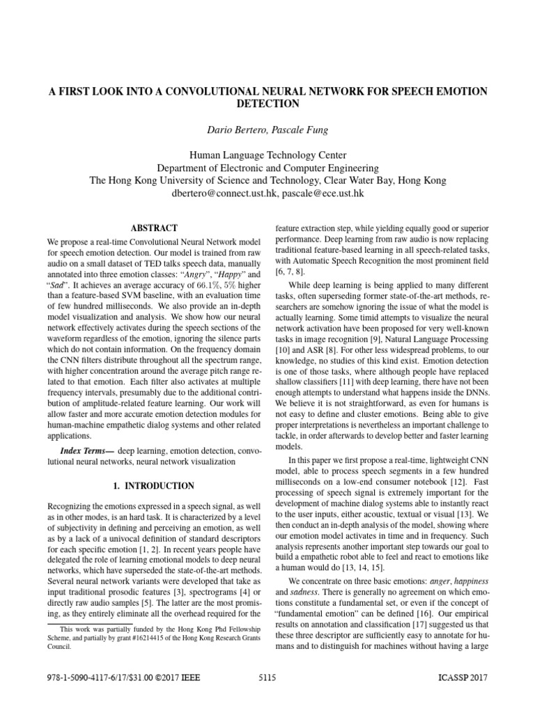 A First Look Into A Convolutional Neural Network For Speech Emotion Detection | PDF