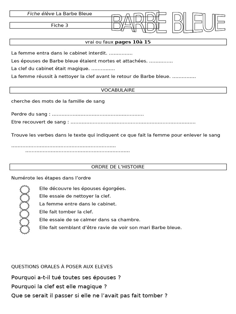 Fiche Eleve La Barbe Bleue 3 | PDF