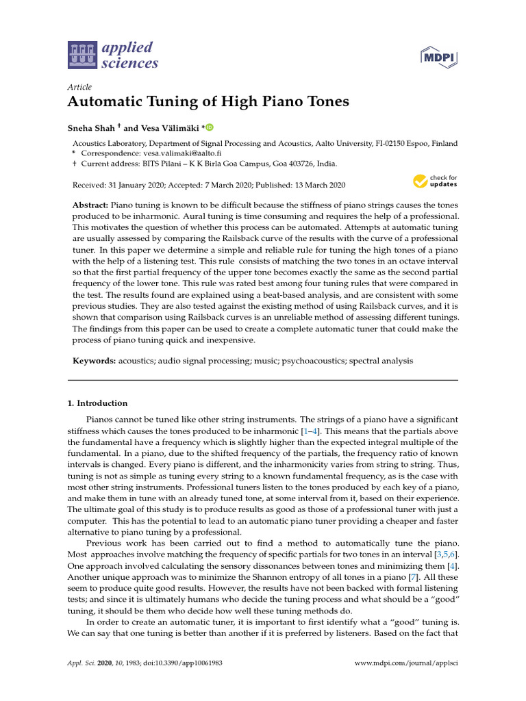 Automatic Tuning of High Piano Tones | PDF | Pitch (Music) | Science ...