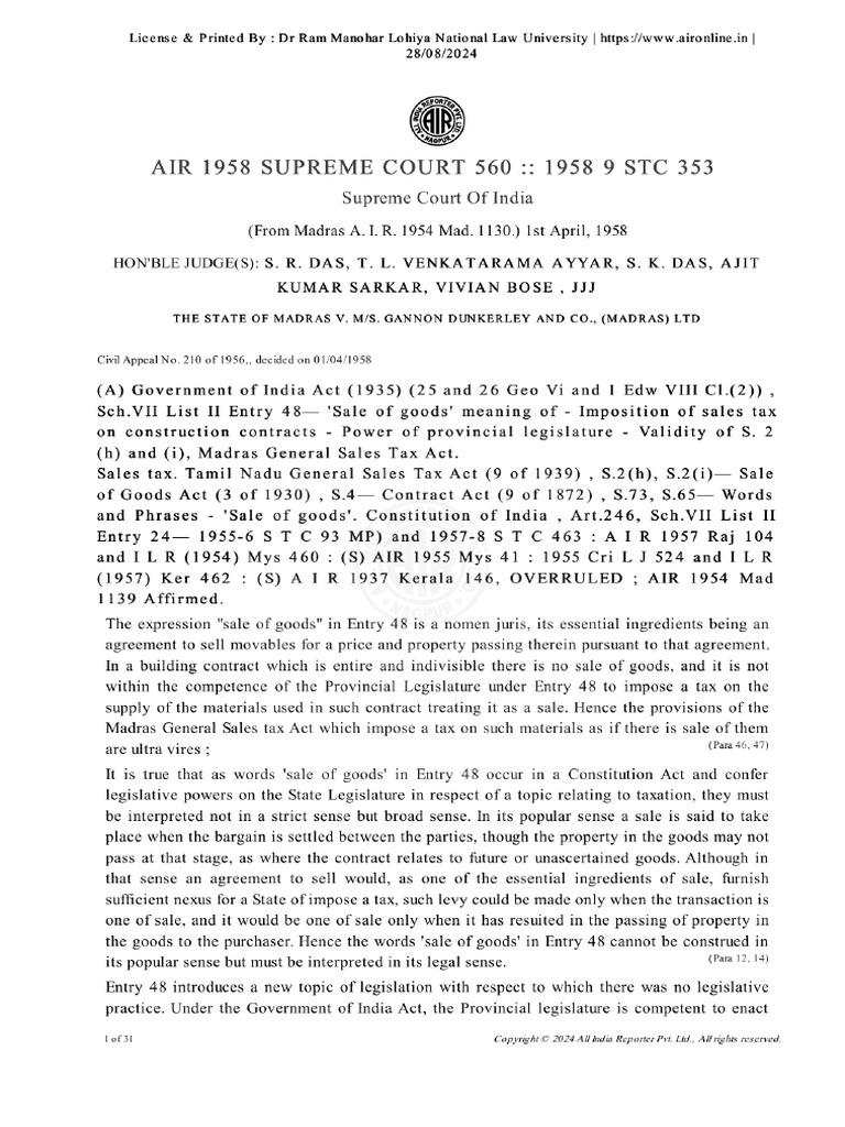 Gannon Dunkerley Air 1958 Supreme Court 560 | PDF