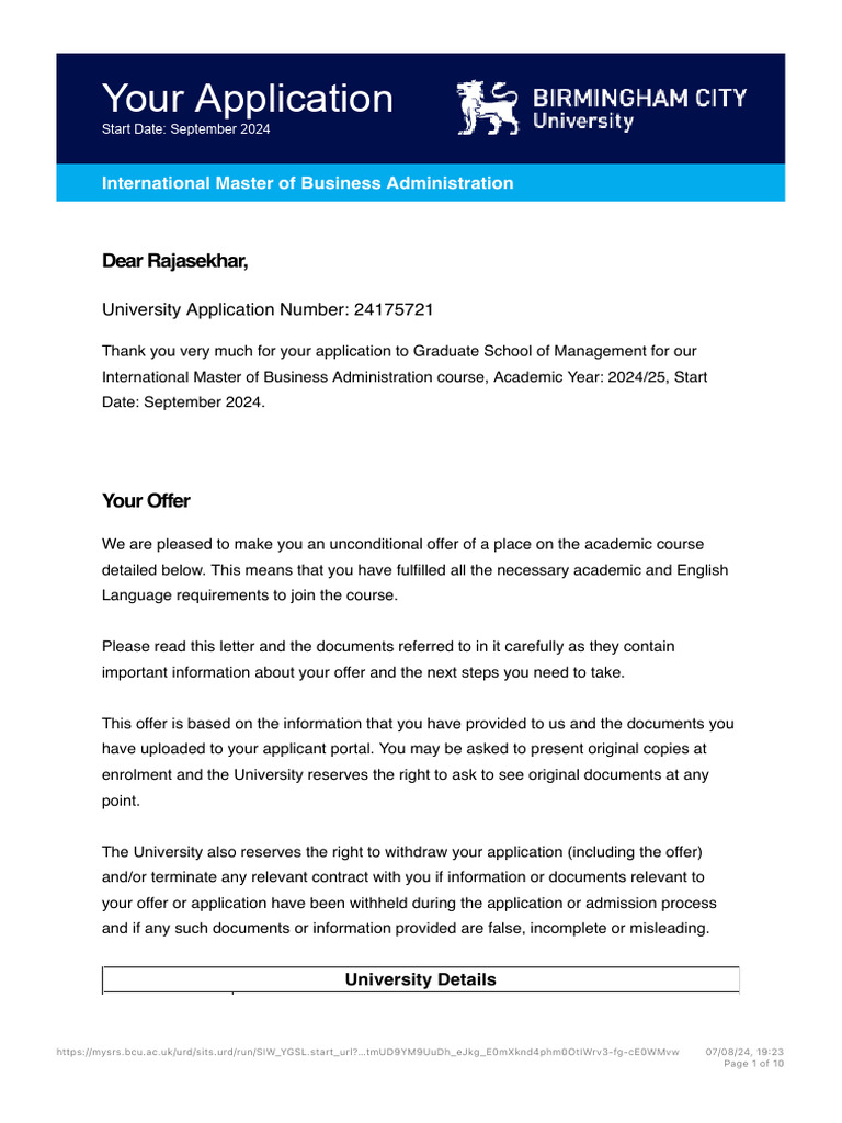 Unconditional Offer Letter From BCU | PDF | Travel Visa | Fee