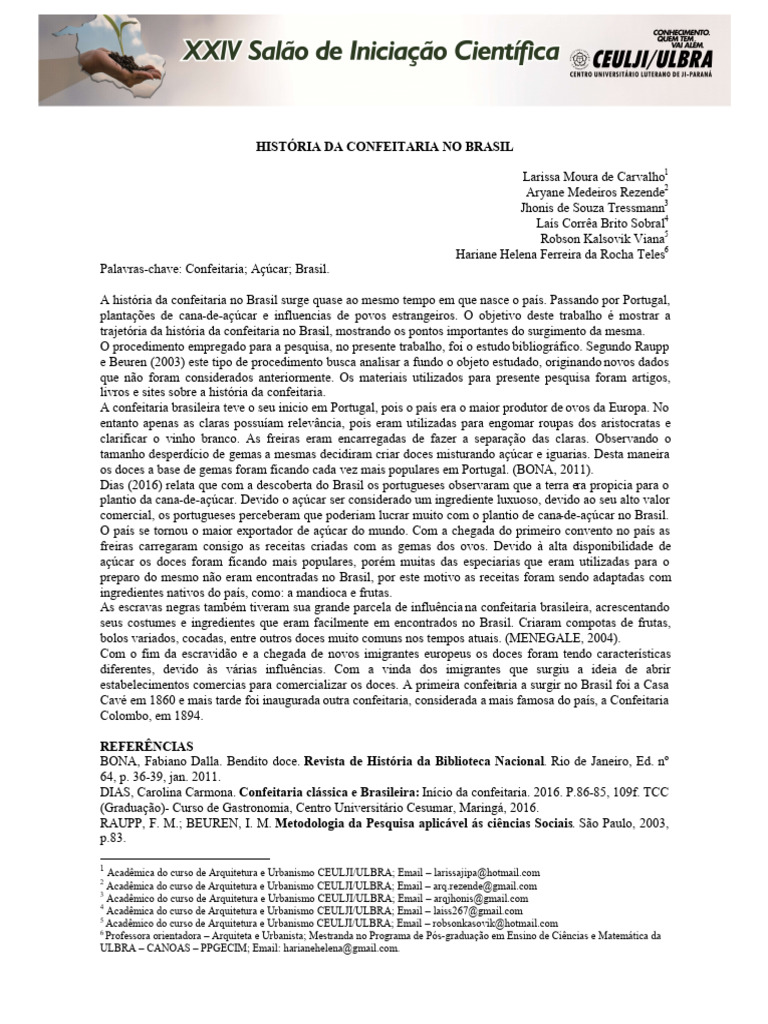 História Da Confeitaria No Brasil Iniciação Cientifica Pdf