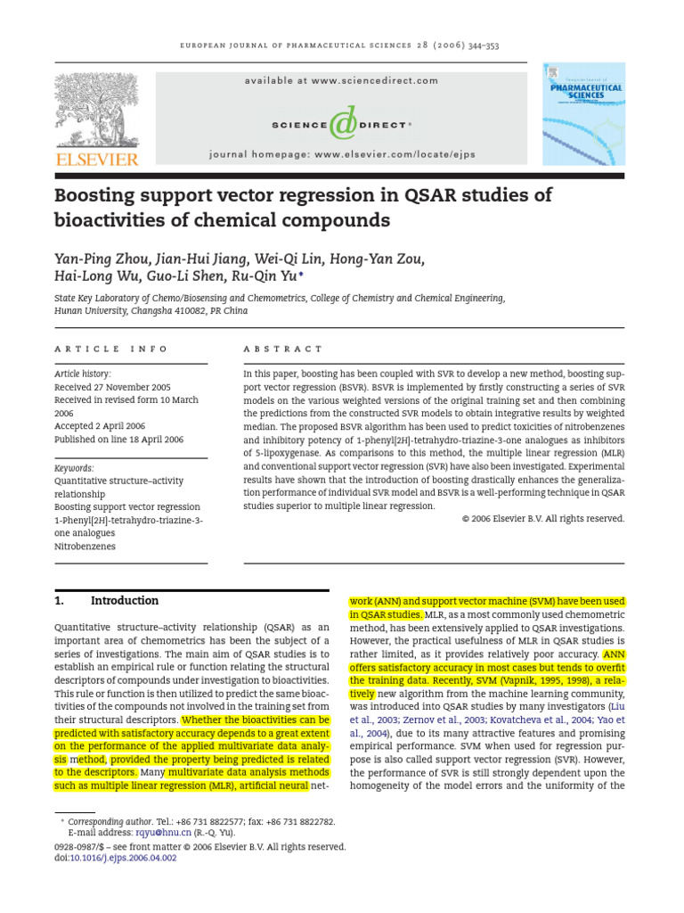 Boosting Support Vector Regression in QSAR Studies of Bioactivities of ...