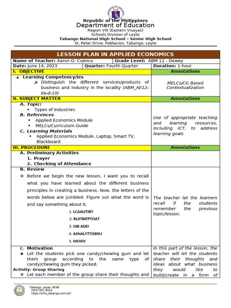 Department of Education: Lesson Plan in Applied Economics | PDF