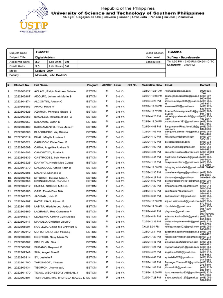 Class List TCM 312 Digital Activism 3K4 AY 24-25 | PDF