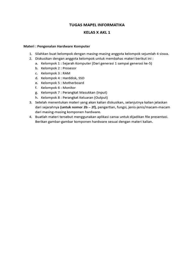 Tugas Mapel Informatika - Pengenalan Hardware Komputer | PDF
