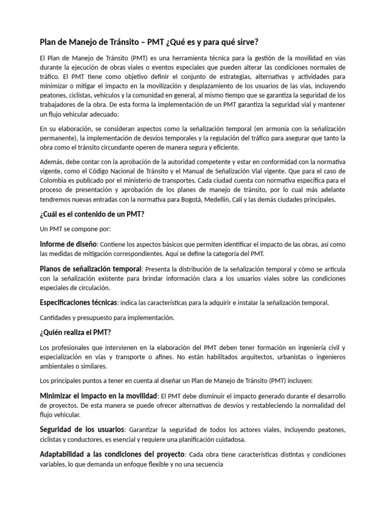 Plan de Manejo de Tránsito PMT Qué Es y Para Qué Sirve | PDF