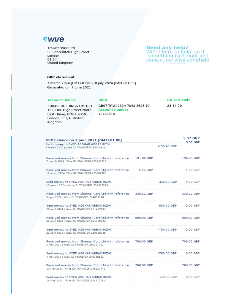 Zubair Holdings Limited Wise Statement | PDF