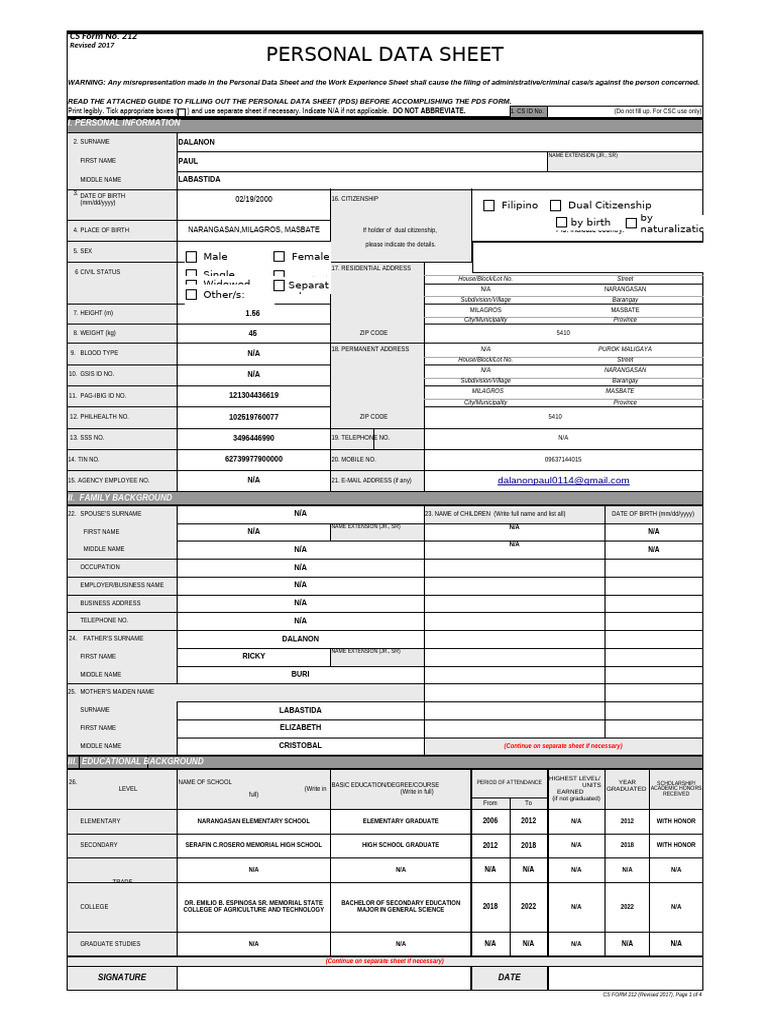CS Form No. 212 Personal Data Sheet Revised PAUL Dalanon Ver 2. | PDF