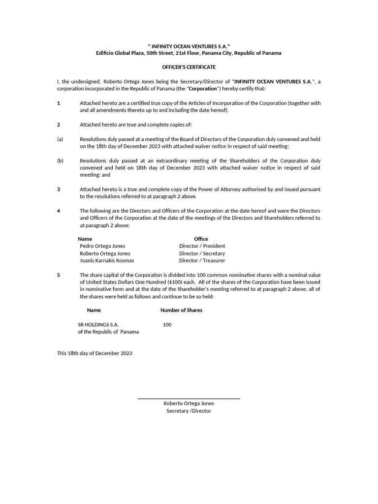 BorrowerCert - Infinity Ocean Ventures S.A. | PDF | Private Law ...