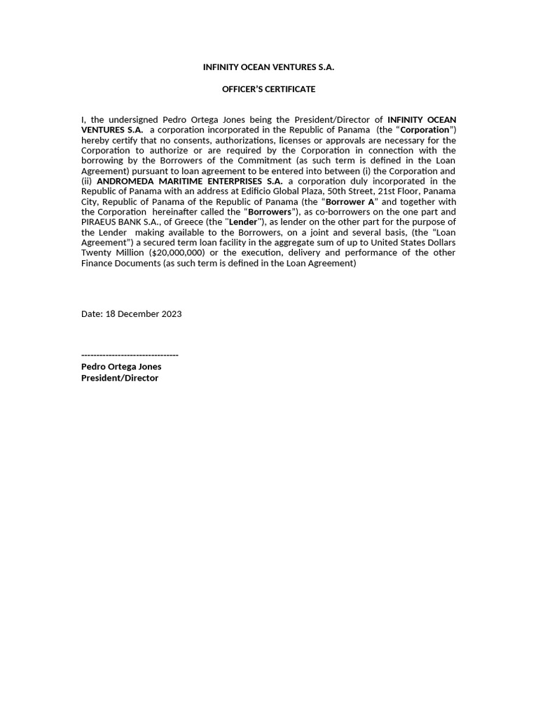 Officer's Certificate for Loan Agreement | PDF | Law | Finance & Money ...