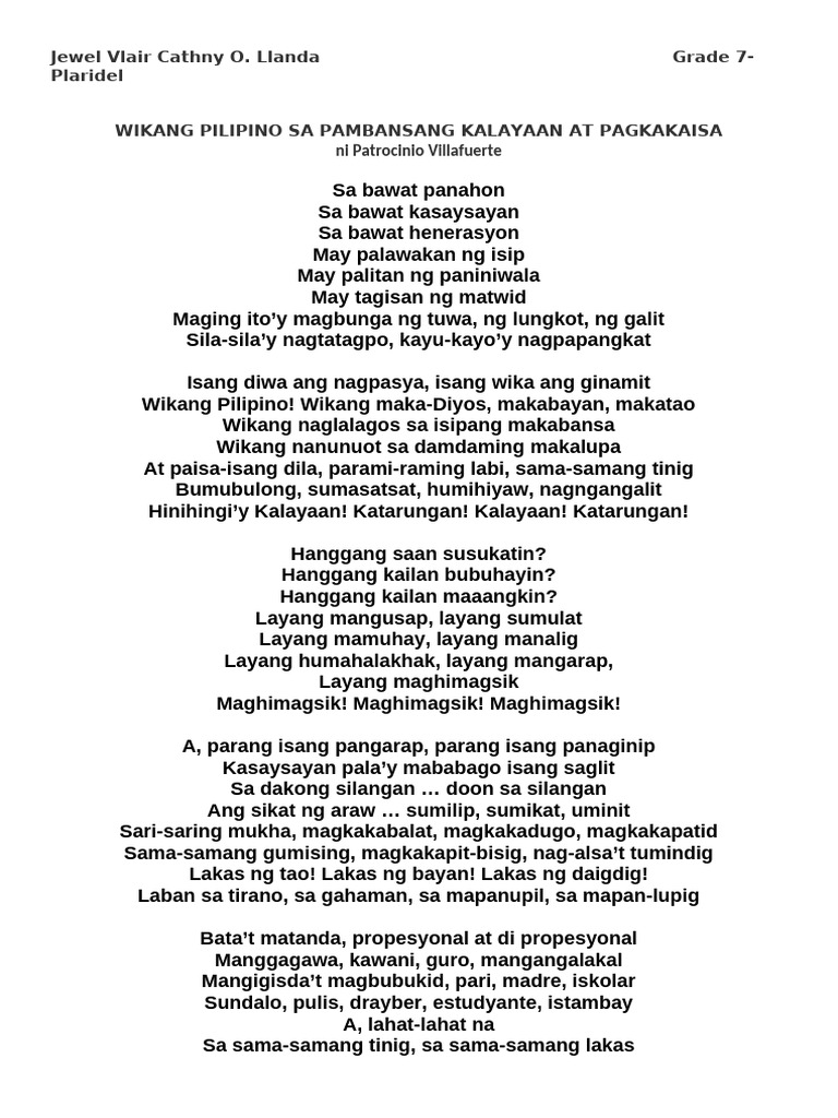 Wikang Pilipino Sa Pambansang Kalayaan at Pagkakaisa Ni Patrocinio ...