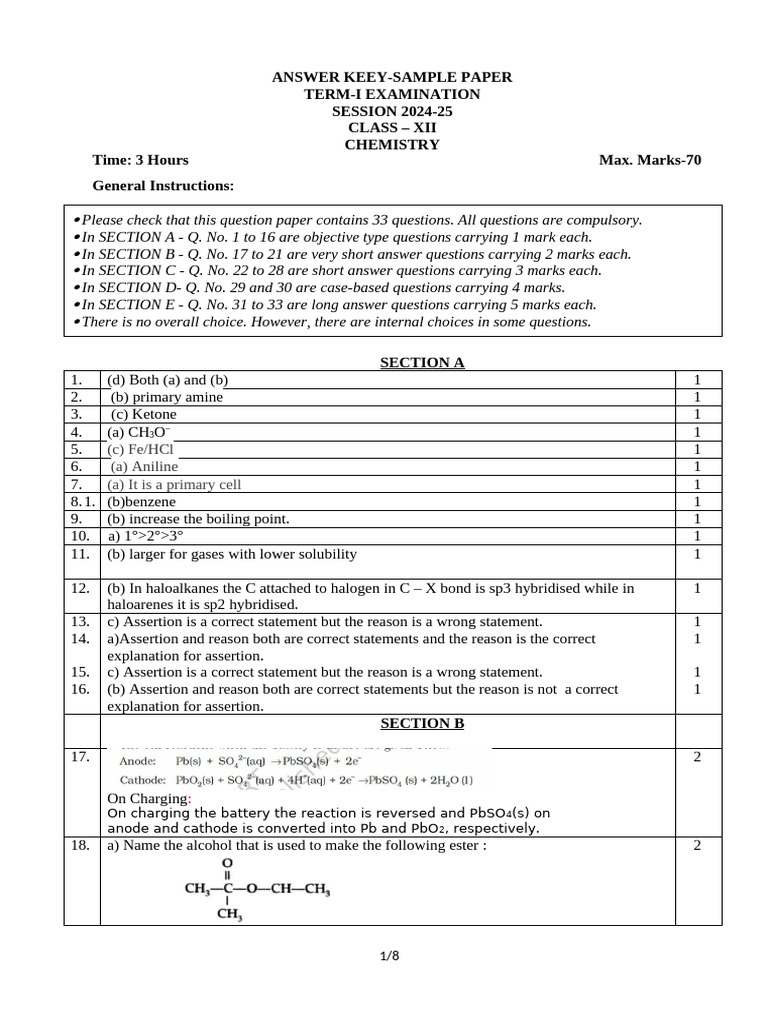 Ans Key Sample Paper Term1 Chem Class 12 | PDF