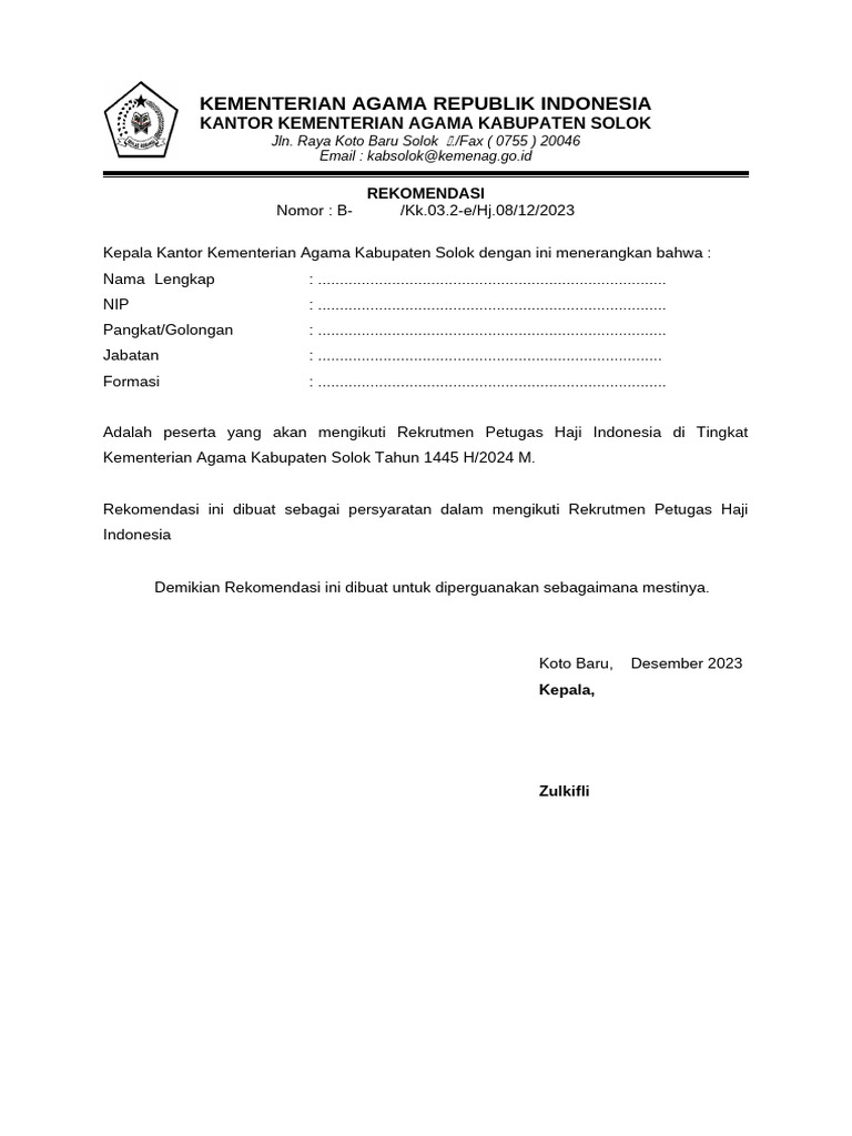 Format Surat Rekom Dan Pernyataan PPIH 2024 | PDF