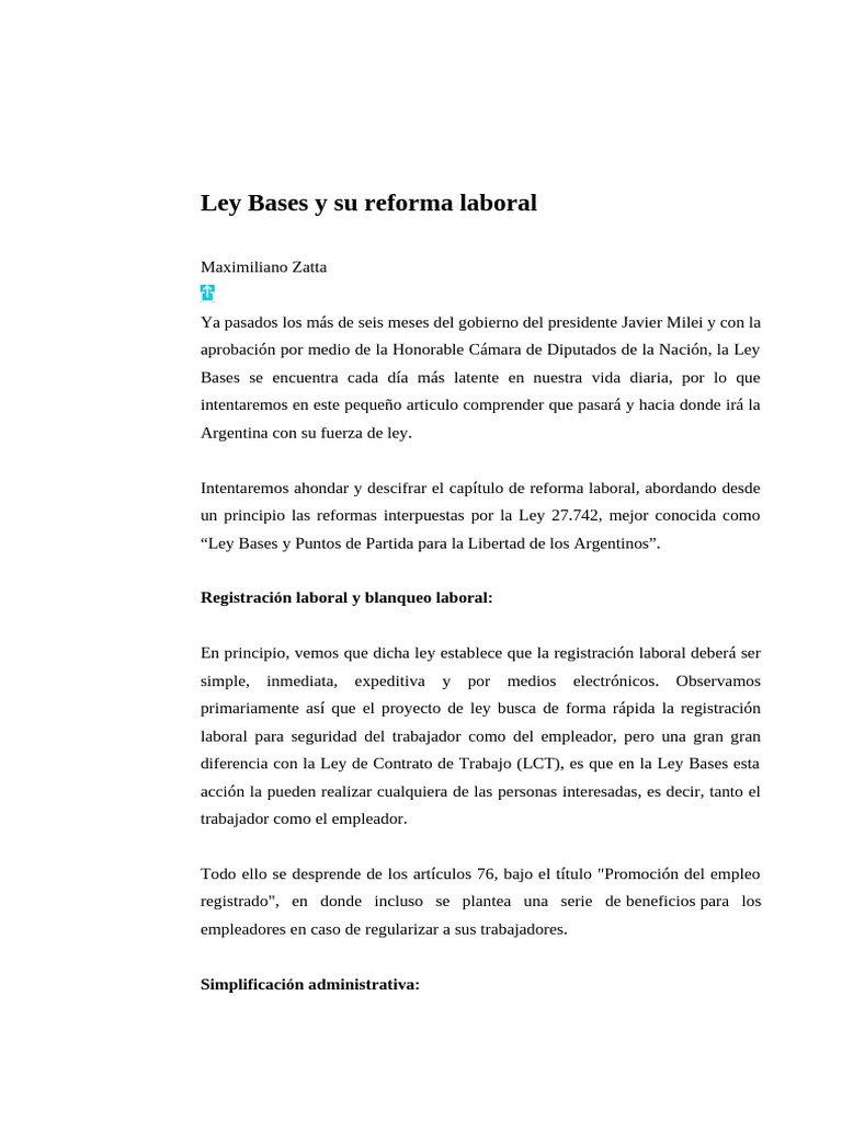 Ley Bases y Su Reforma Laboral - Zatt | PDF
