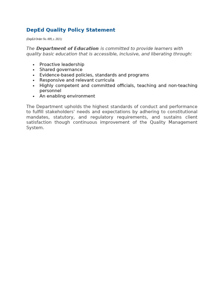 Deped Quality Policy Statement | PDF
