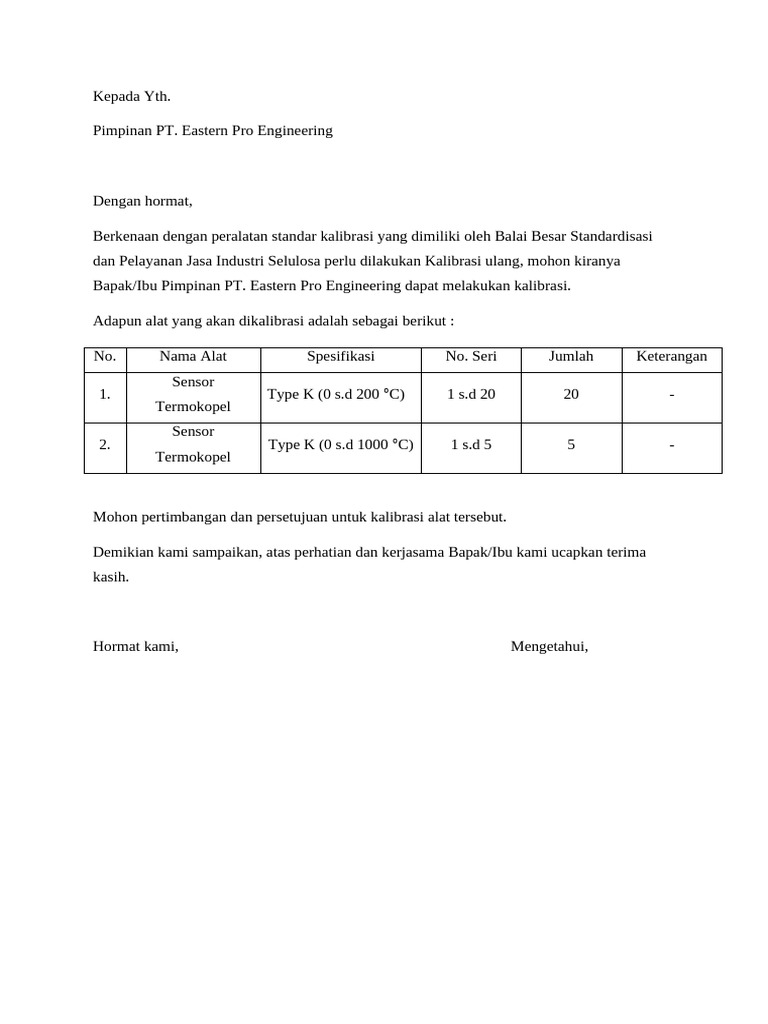 Draft Permintaan Kalibrasi Ke PT. Eastern Pro Engineering | PDF