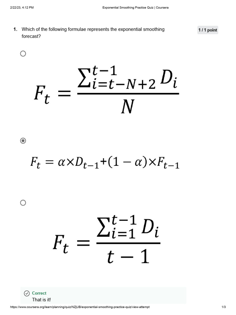 Exponential Smoothing Practice Quiz - Coursera | PDF Exponential Smoothing Practice Quiz - Coursera | PDF