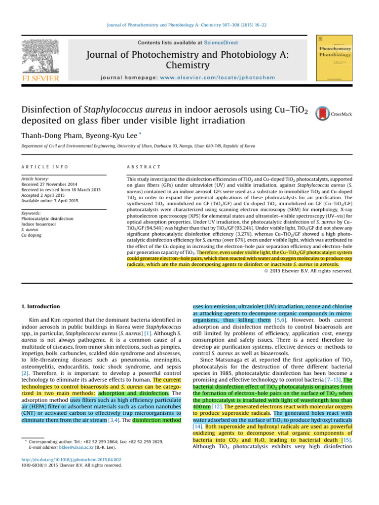 Desinfección de Staphylococcus Aureus en Aerosoles en Interiores Mediante Cu-TiO 2 Depositado ...