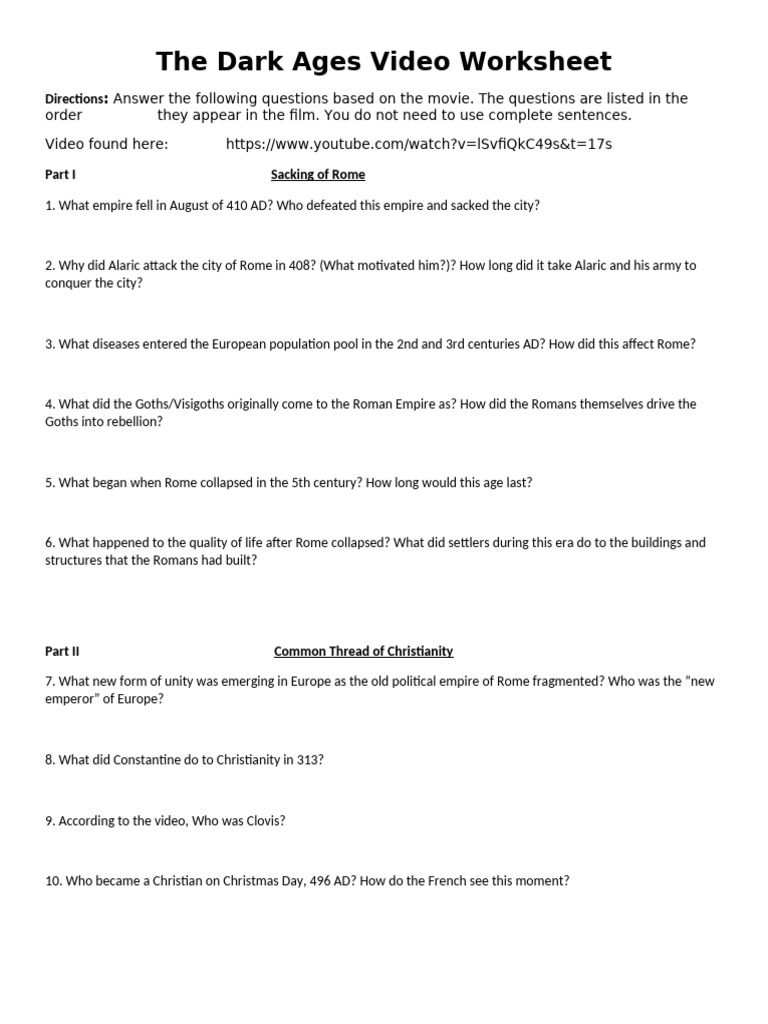 The Dark Ages Video Worksheet 1 | PDF
