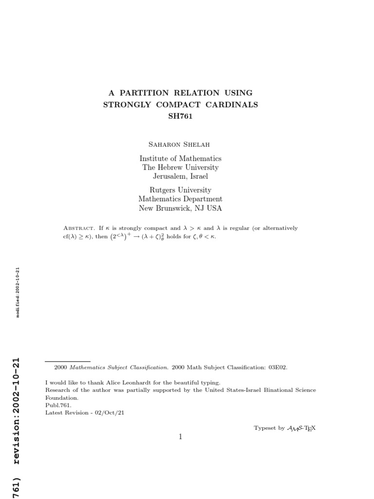 Saharon Shelah - A Partition Relation Using Strongly Compact Cardinals ...