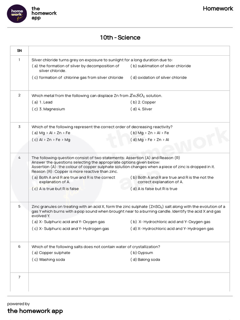 Questions - Homework - 10th - Science - 2024-08-26T05 - 49 | PDF ...