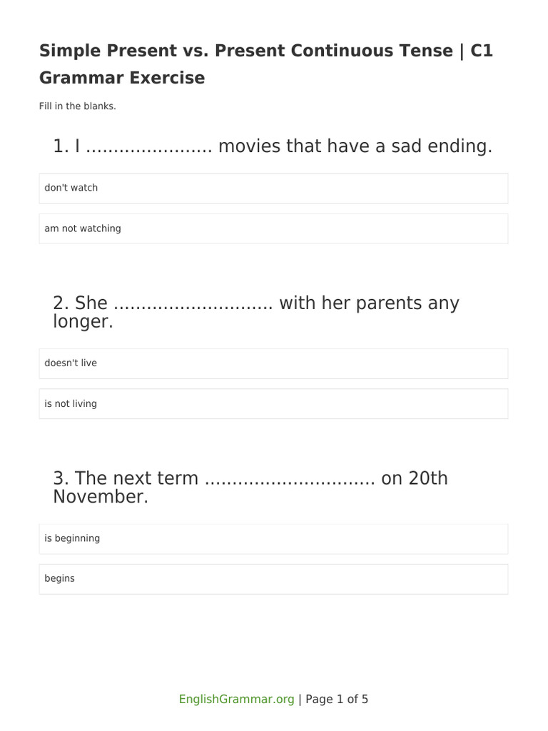 Simple Present vs. Present Continuous Tense _ C1 Grammar Exercise | PDF