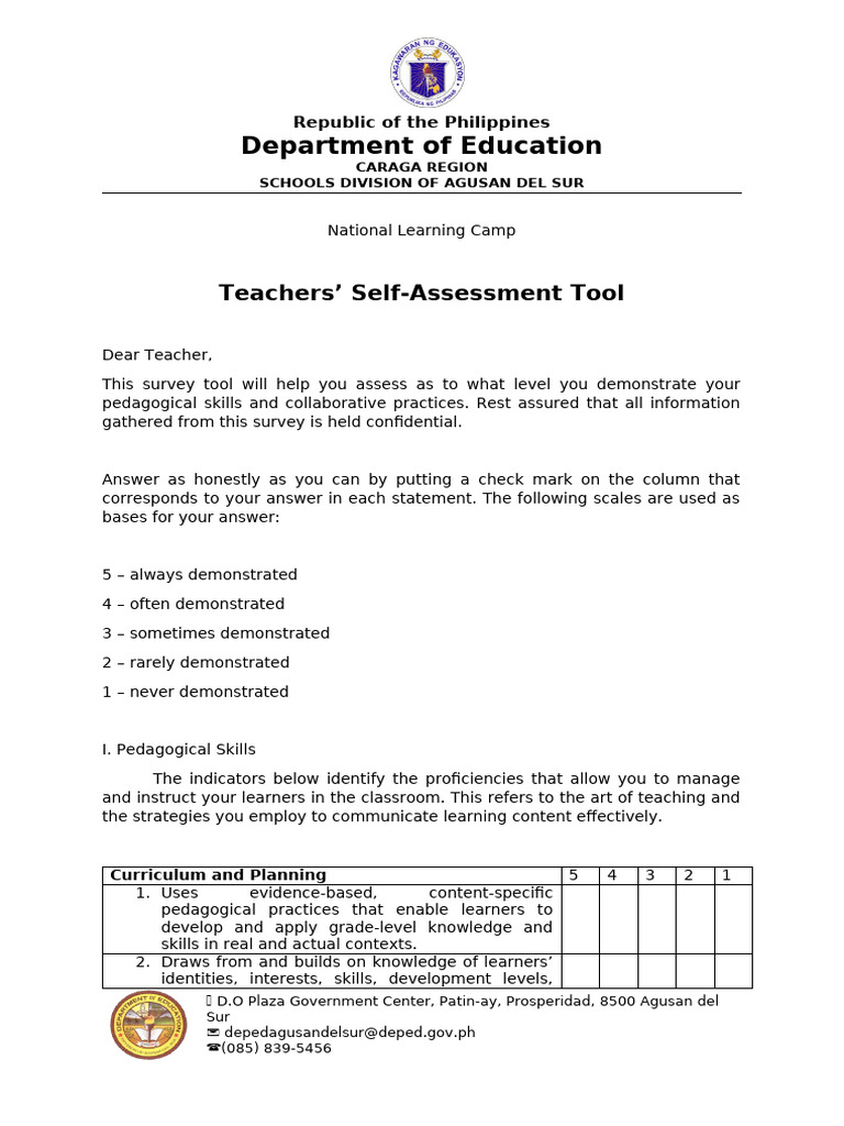 Teachers Self Assessment Tool | PDF