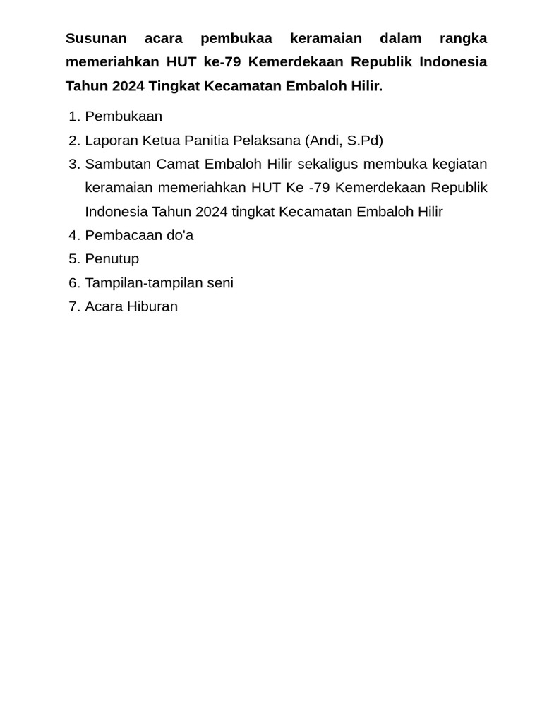 Susunan Acara Pembukaa Keramaian Dalam Rangka Memeriahkan HUT Ke 79 | PDF