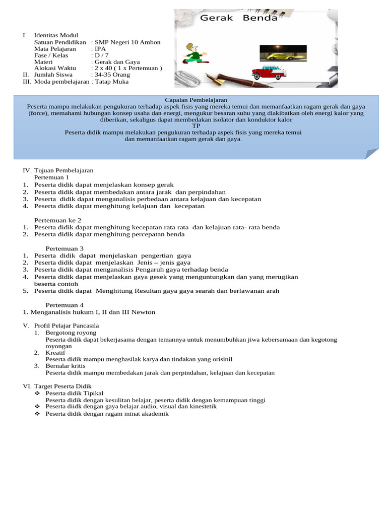 Modul Ajar 1 Gerak Dan Gaya Semester Genep | PDF | Metode & Bahan Ajar