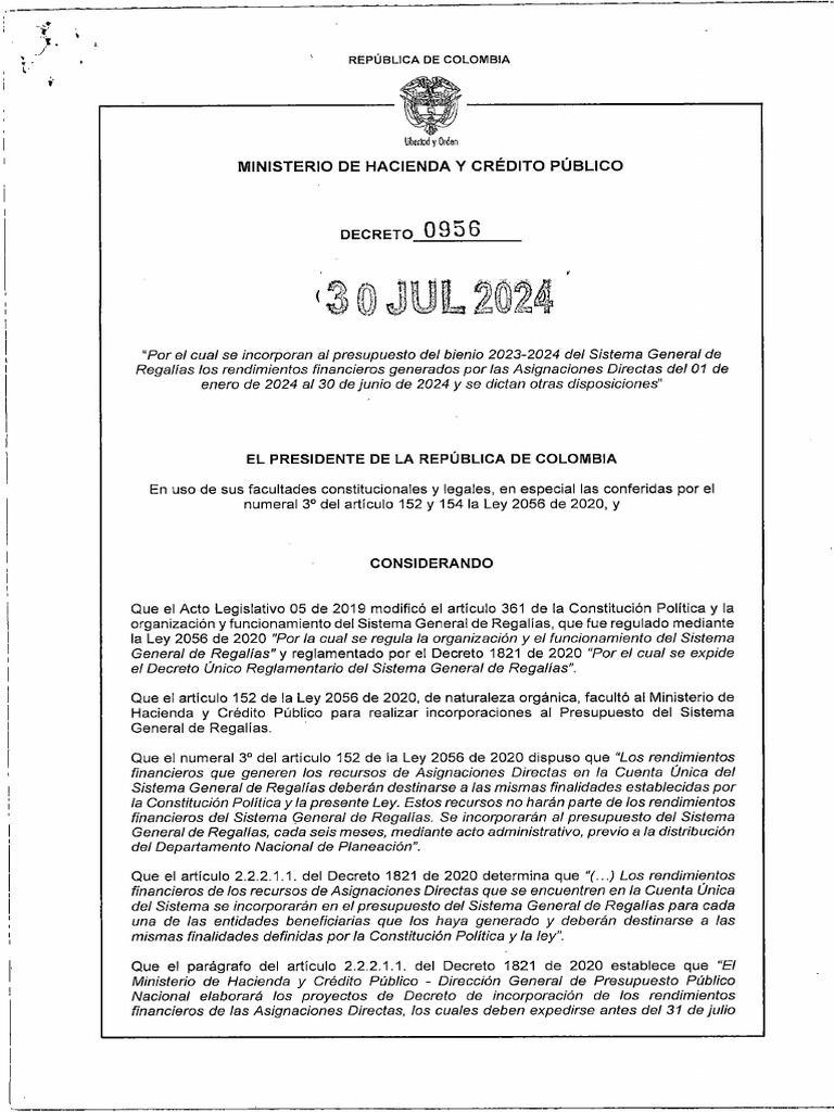 Decreto 0956 Julio 30 2024 | PDF
