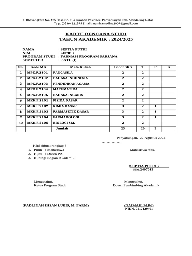 Form KRS Septia Putri | PDF