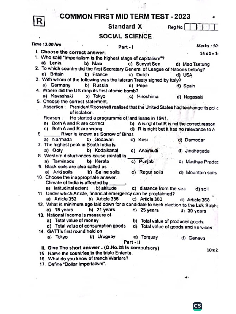 10th Social EM 1st Mid Term Exam 2023 Original Question Paper Tuticorin District English Medium ...