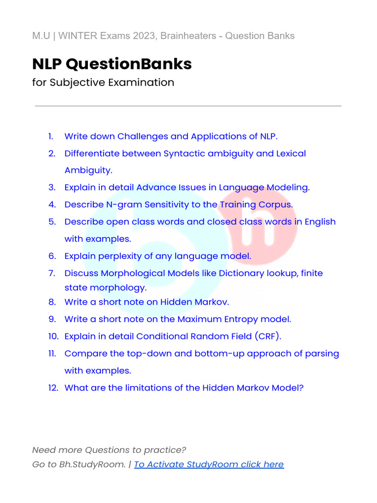 NLP Comps Sem7 UT-1 Question Bank | PDF NLP Comps Sem7 UT-1 Question Bank | PDF
