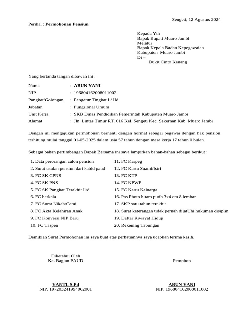 Permohonan Pensiun Abun Yani | PDF Permohonan Pensiun Abun Yani | PDF