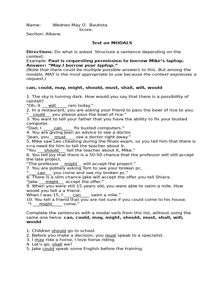 TEST On MODALS G9 ENGLISH | PDF | Self-Improvement