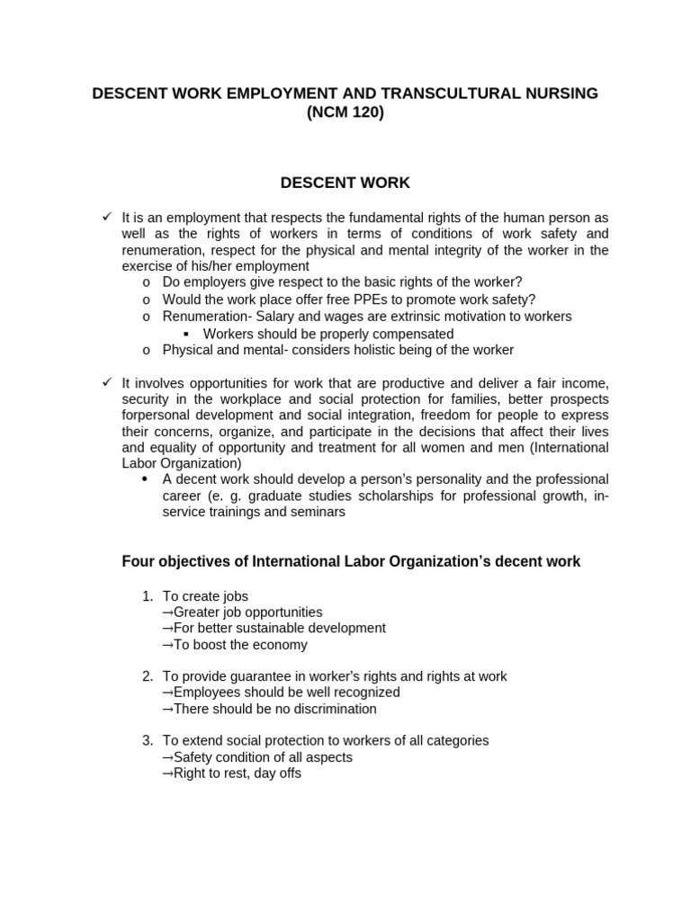 DESCENT WORK EMPLOYMENT AND TRANSCULTURAL NURSING (4th Year) | PDF