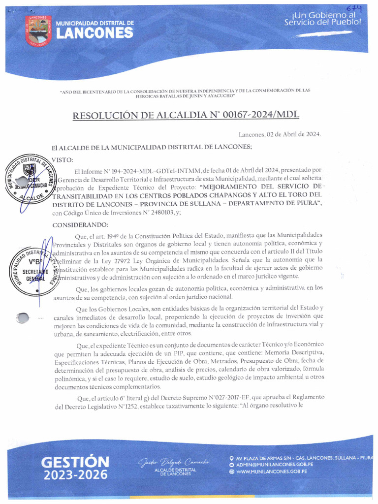 Ra 167-2024 Aprob Exp Txo Actualiz Trocha Chapangos Alto Toro | PDF