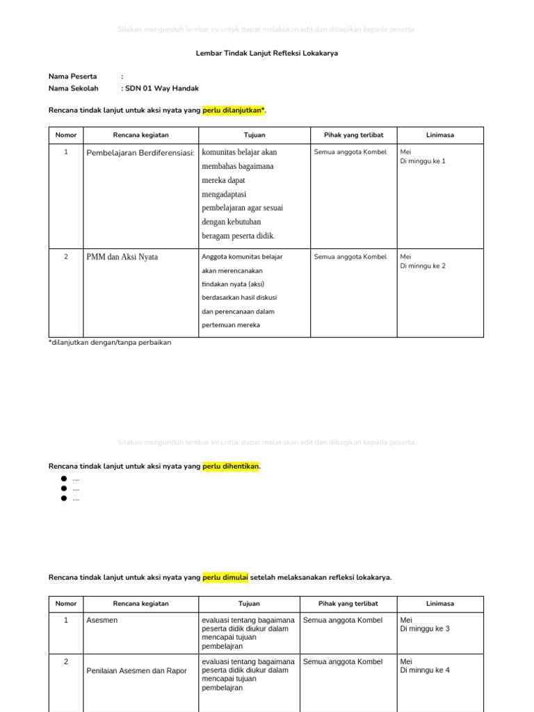 Lembar Tindak Lanjut Refleksi Lokakarya SDN 01 WAY HANDAK | PDF