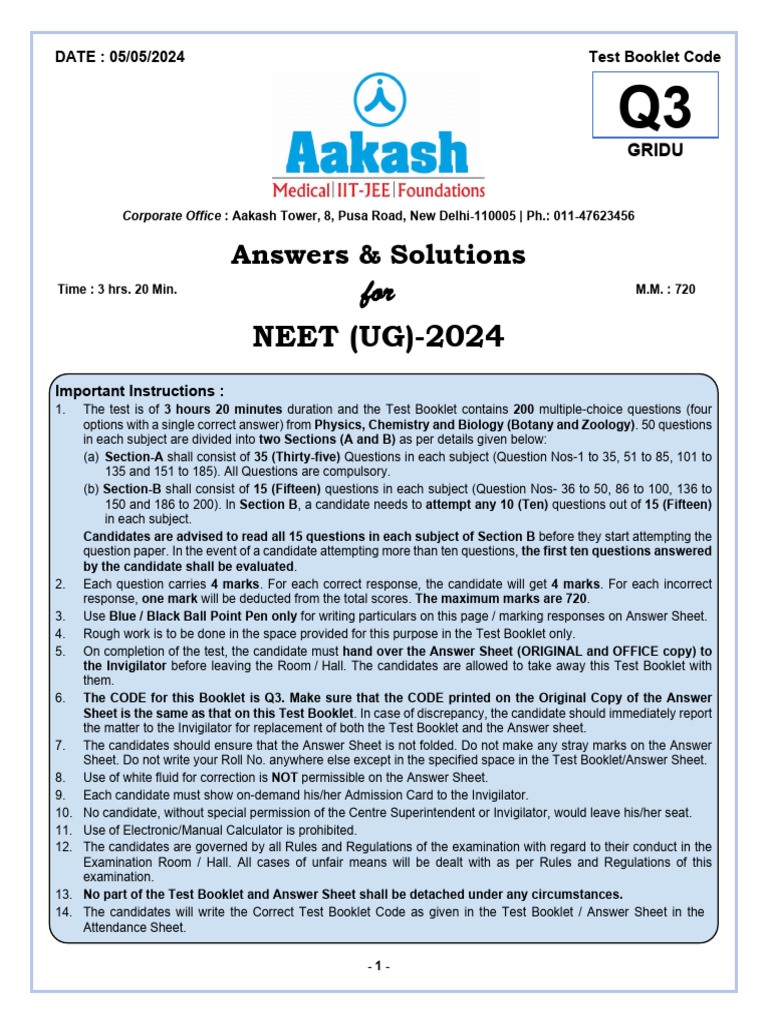 Answer&Solution NEET 2024 (Code Q3) | PDF