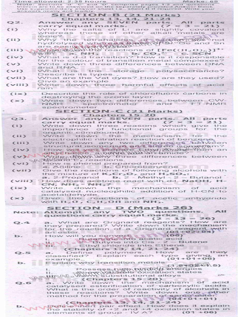 Past Papers Federal Board 2018 FSC Part 2 Chemistry English Medium ...