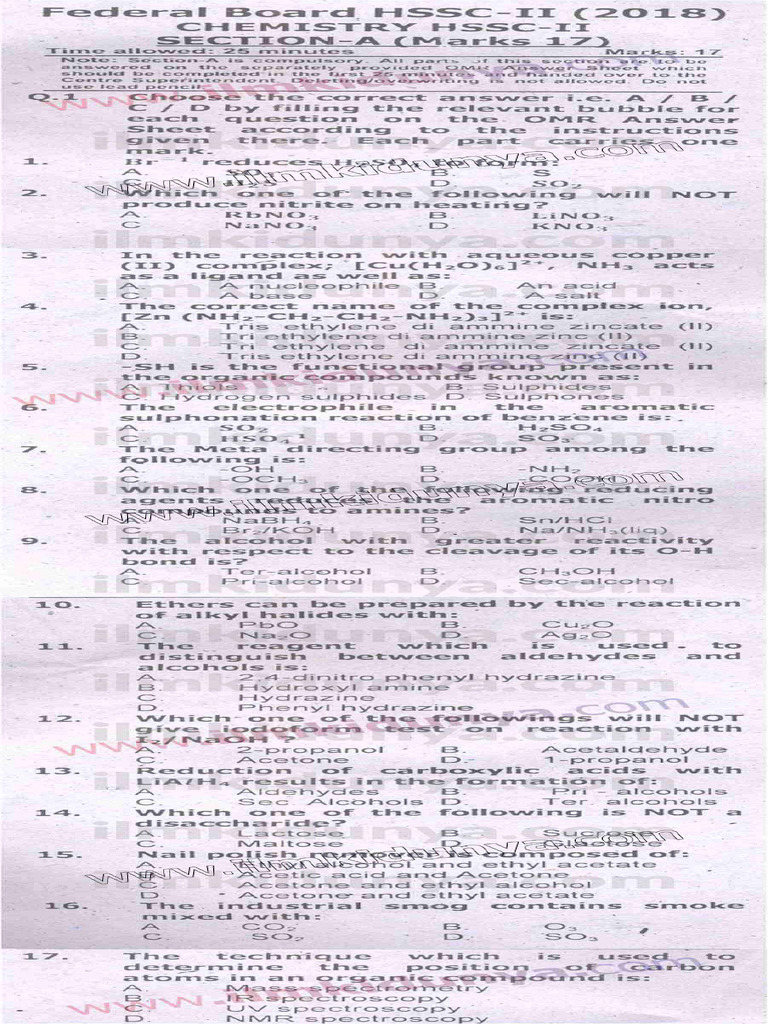 Past Papers Federal Board 2018 FSC Part 2 Chemistry English Medium ...
