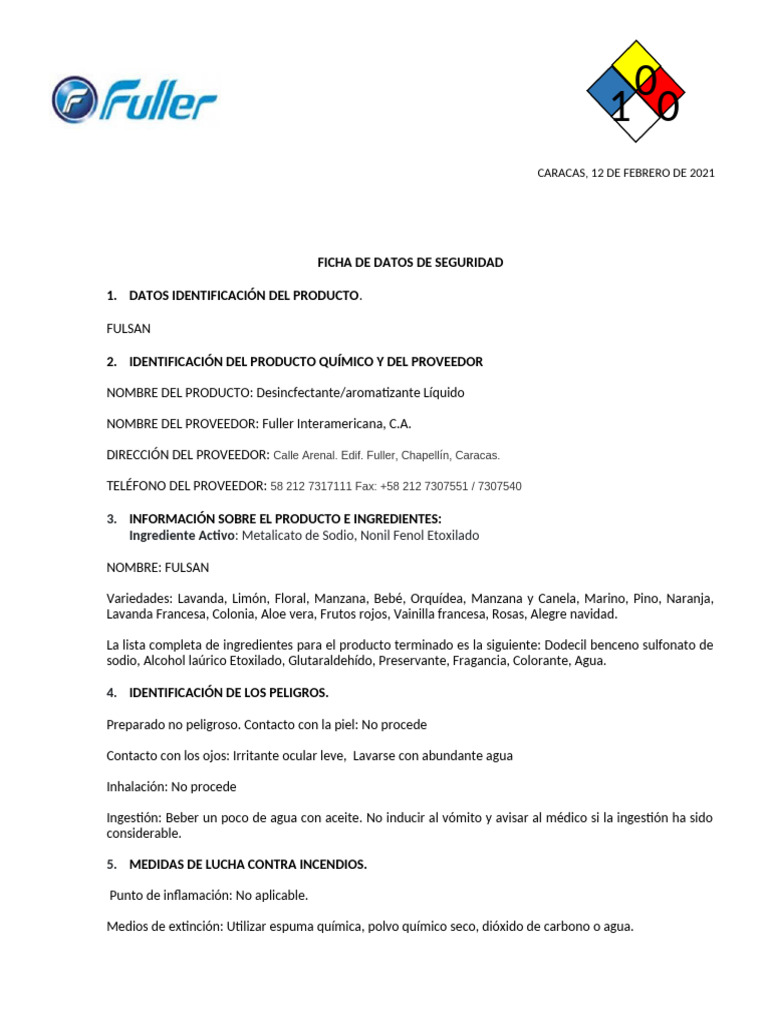 MSDS Fulsan Desinfectante Fuller | PDF | Alimentos | Transporte