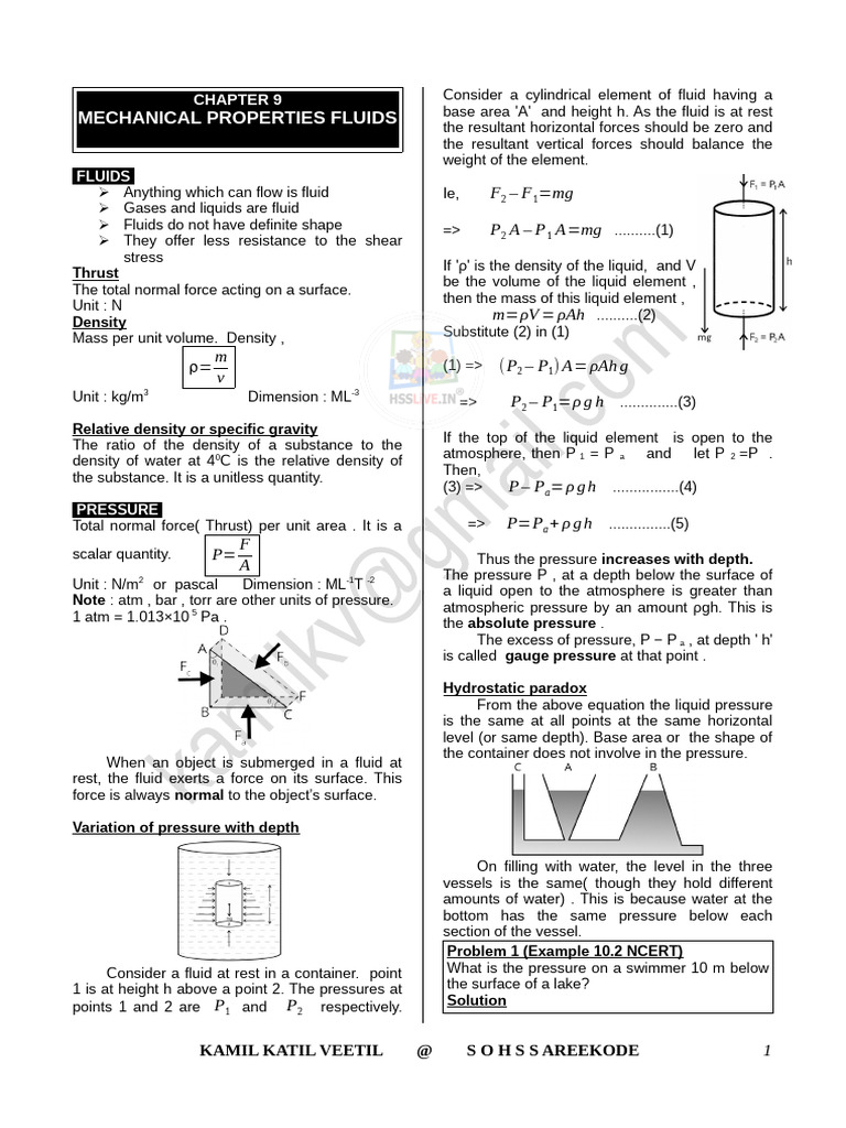 Hsslive - Xii - CH9 - KAMIL NOTES MECHANICAL PROPERTIES OF FLUIDS | PDF