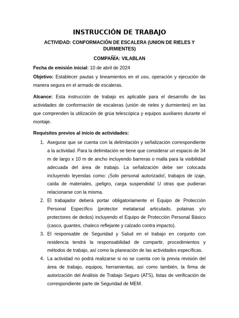 Instrucción de Trabajo Izaje Vilablan Actualización | PDF