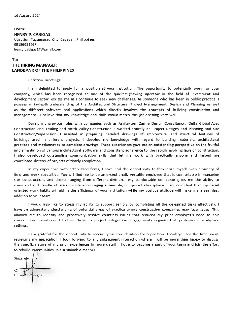 Application For Employment - Cabigas, Henry P. | PDF | Architect | Art