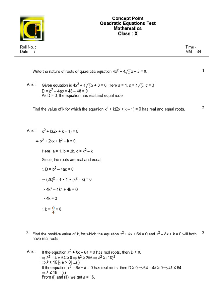 Quadratic Equation Test Answers | PDF | Mathematics | Teaching Methods ...