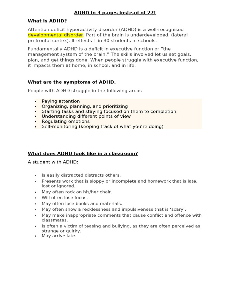 ADHD Explained and Tips For Teachers Condensed AAST | PDF